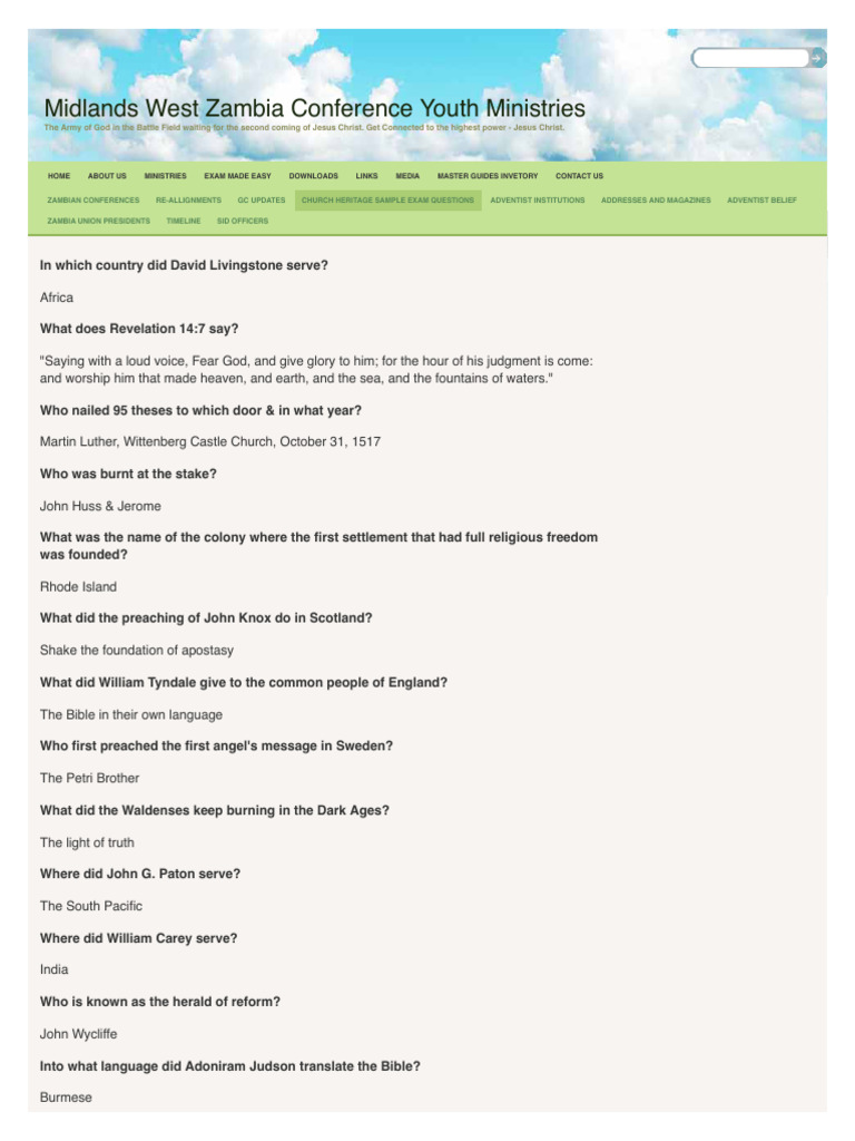 Midlands West Zambia Conference Youth Ministries - Church Heritage Exam Questions With Answers ...