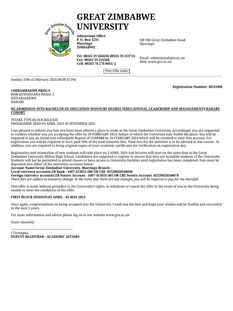 GZU 2025 Admission Offer Letter | PDF