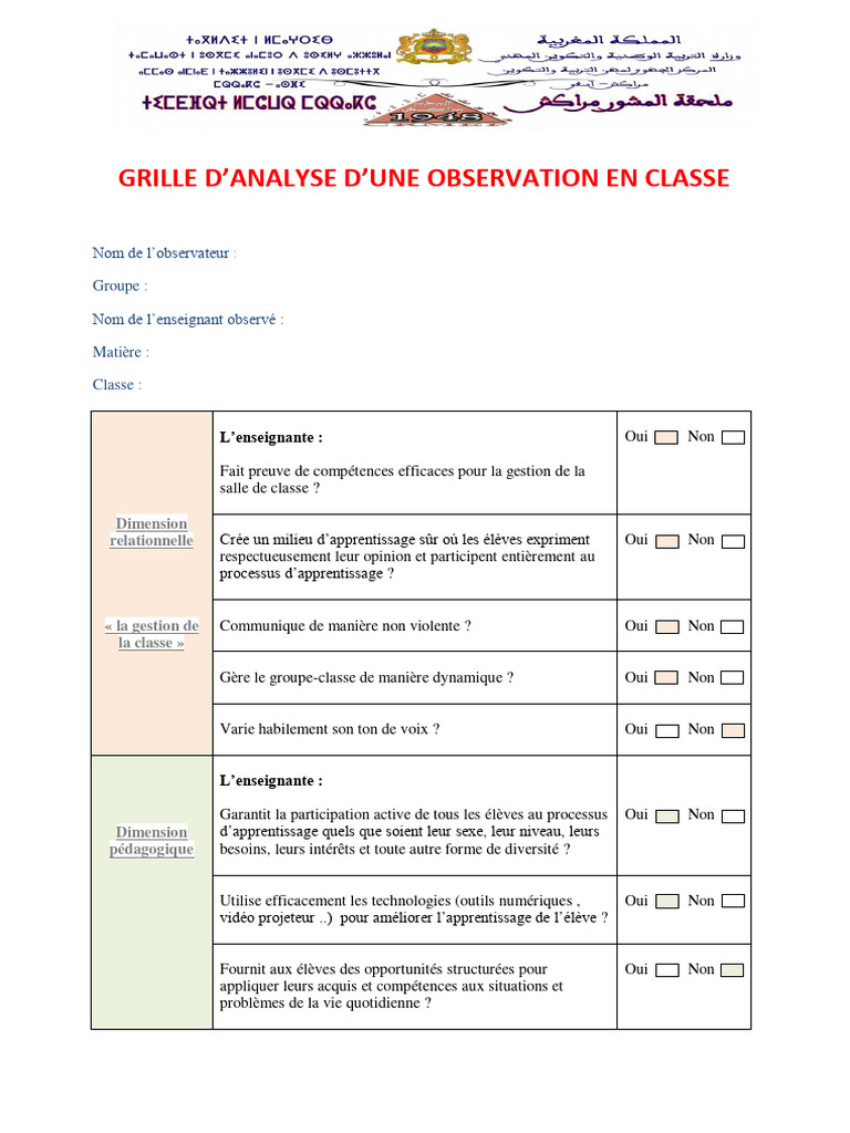 Grille d'Observation en Classe | PDF | Apprentissage | Pédagogie