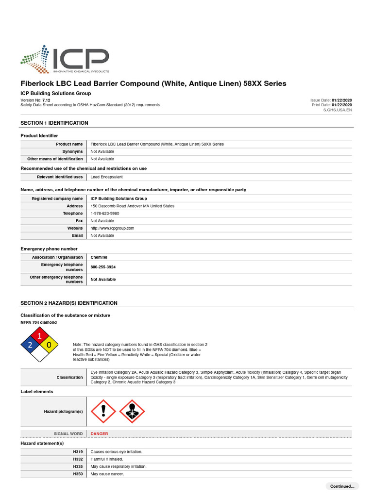 Fiberlock LBC Lead Barrier SDS | PDF | Toxicity | Chemical Substances