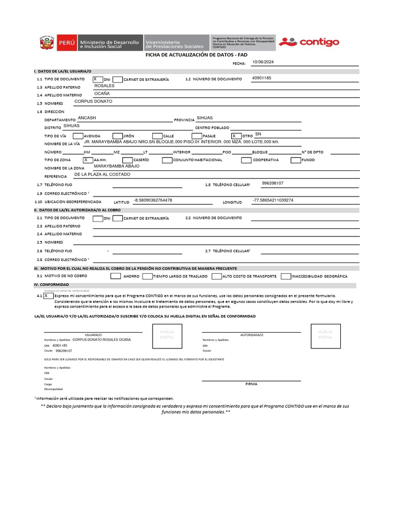 Ficha de Actualización de Datos Fad: D D / M M / A A A A | PDF | Documento de identidad ...