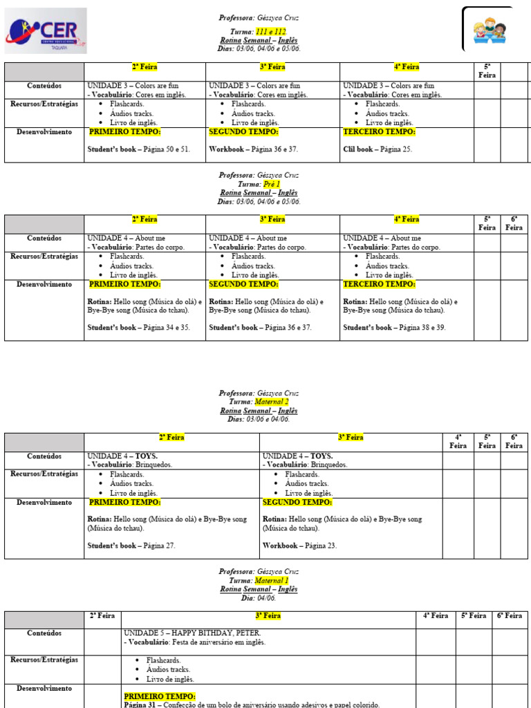 Plano de Aula de Inglês - 1º Semana de Junho - Ed. Infantil CER | PDF | Estudos de Línguas ...