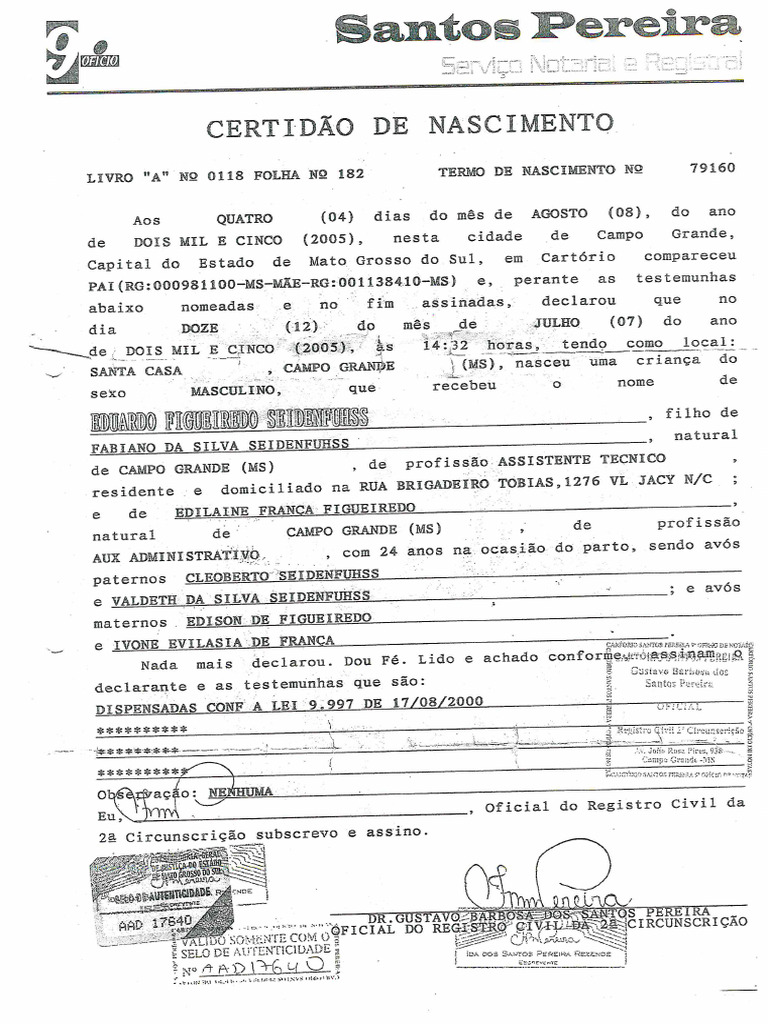 Certidão Nascimento e RG Eduardo | PDF