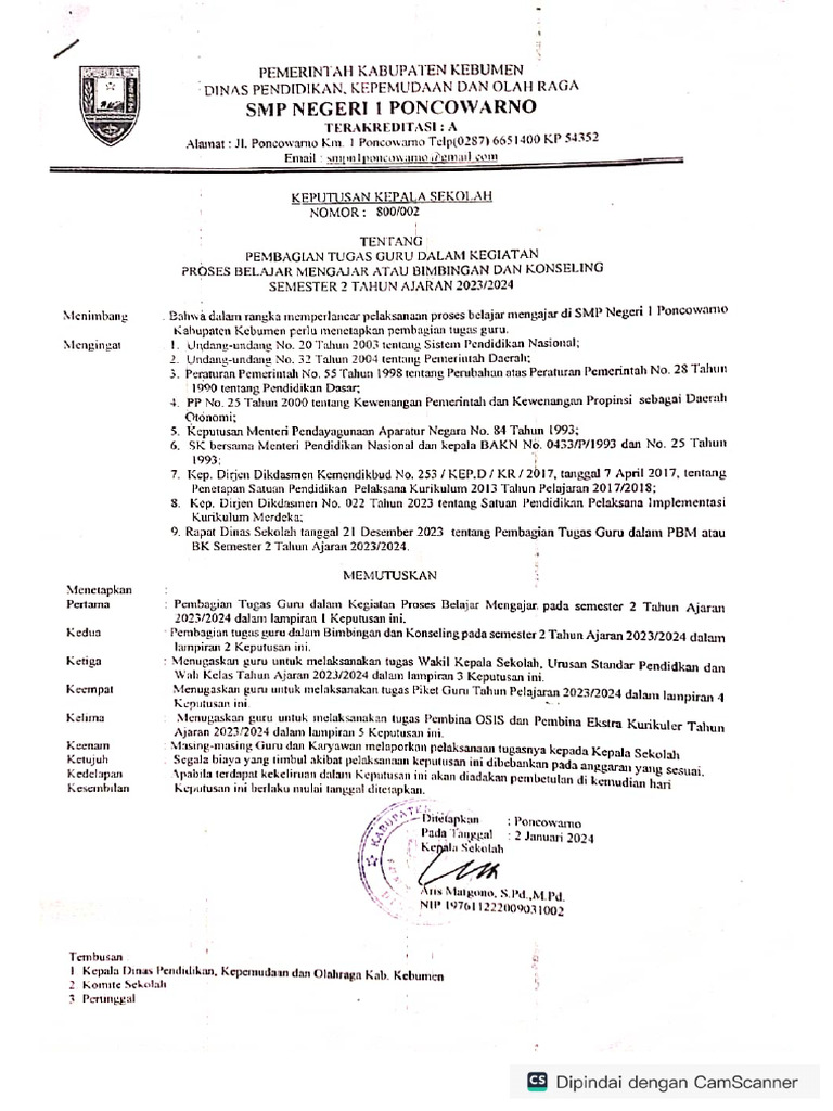 SK Pembagian Tugas Tambahan Guru TP. 2023-2024 | PDF