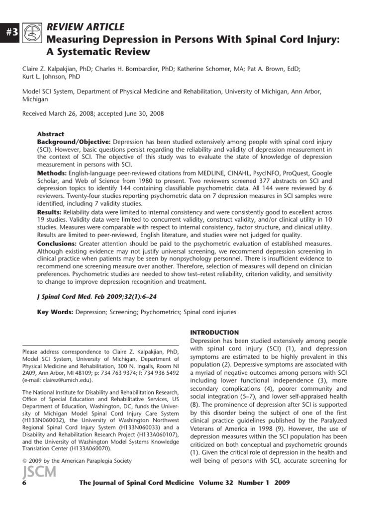 Measuring Depresion in Persons With Spinal Cord Injury | PDF | Major Depressive Disorder ...