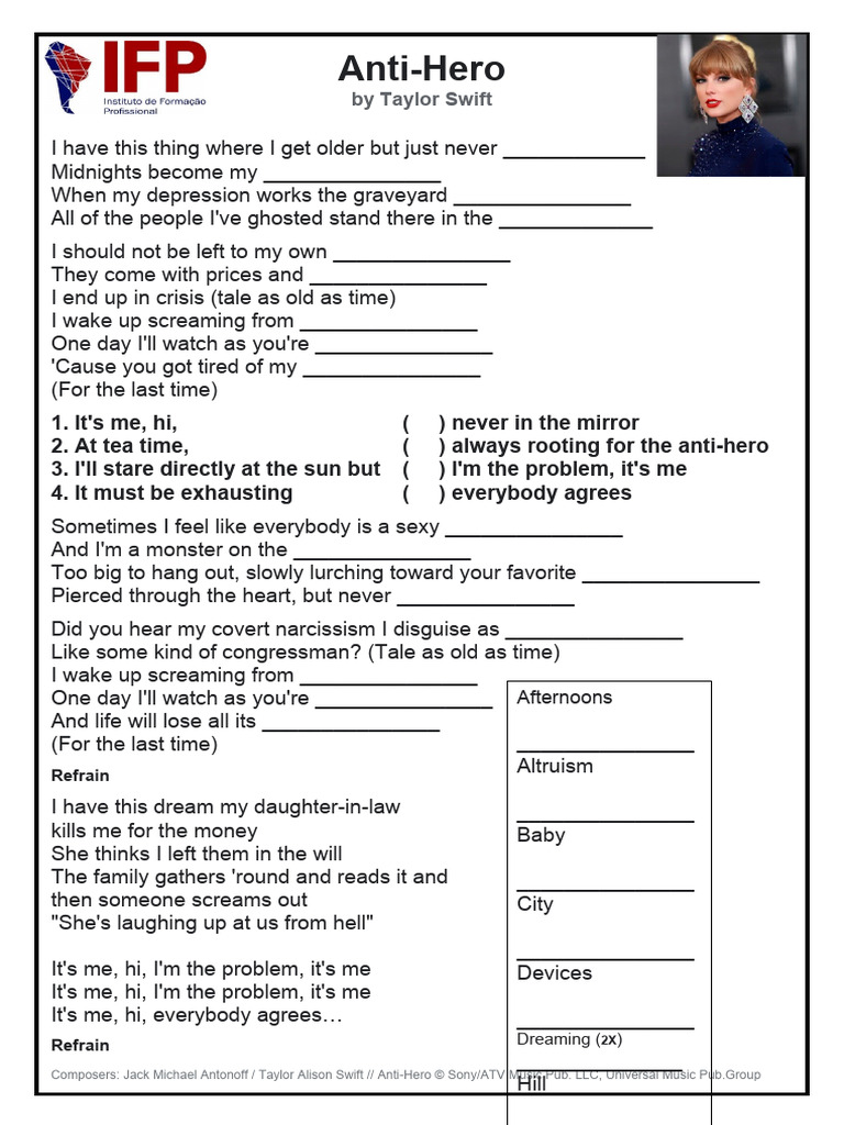 Taylor Swift's "Anti-Hero" Lyrics | PDF | Songs Written | Song ...