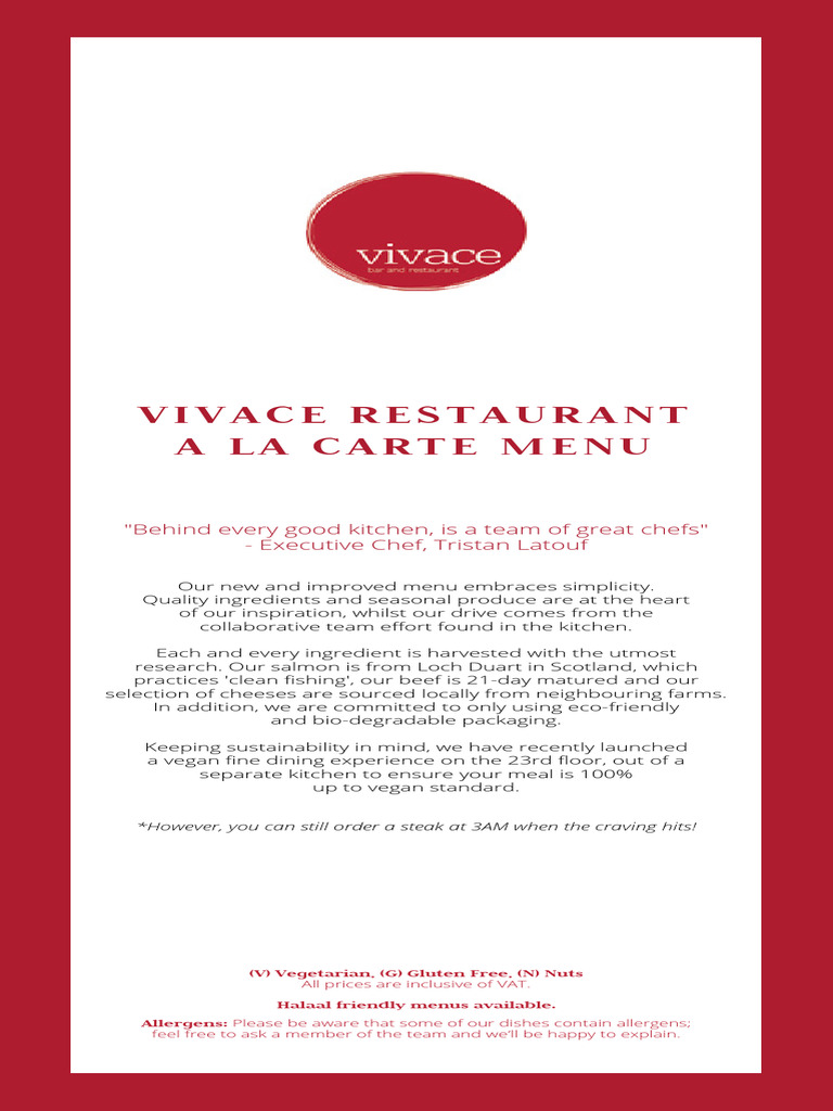 Vivace Restaurant A La Carte Menu: "Behind Every Good Kitchen, Is A ...