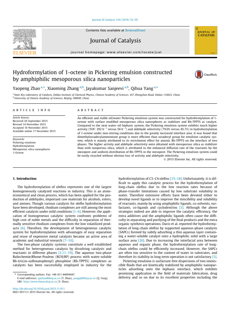 Hydroformylation of 1-Octene in Pickering Emulsion Constructed | PDF ...