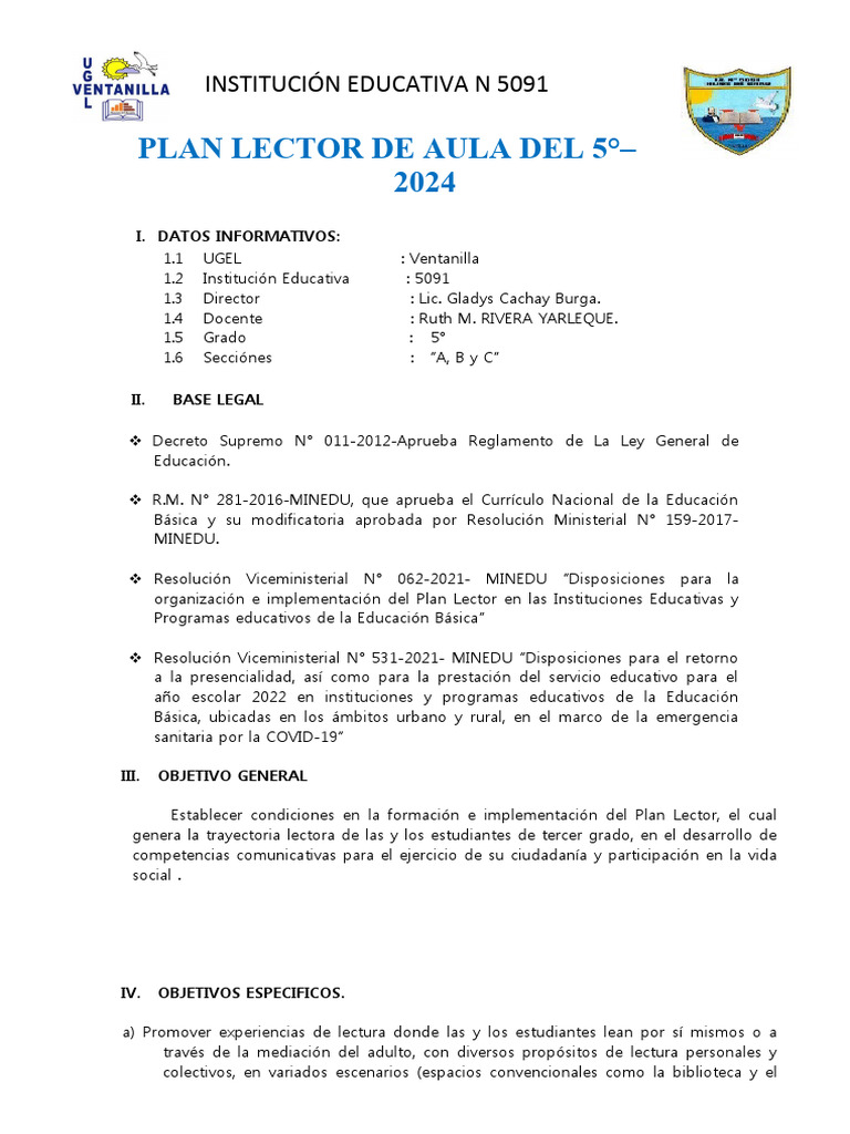 Plan Lector 5° 2024 | PDF | Información | Ciencia cognitiva