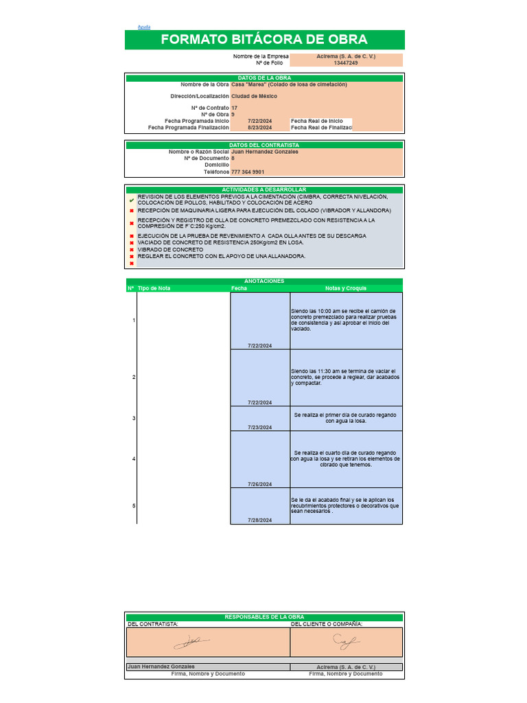 Ejercicio Formato Bitácora de Obra PARA LLENADO - Editable - XLSM - BITACORA DE OBRA | PDF ...