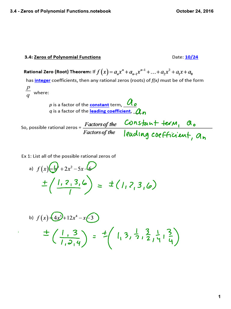 3.4: Zeros of Polynomial Functions Rational Zero (Root) Theorem: If | PDF | Polynomial | Zero Of ...