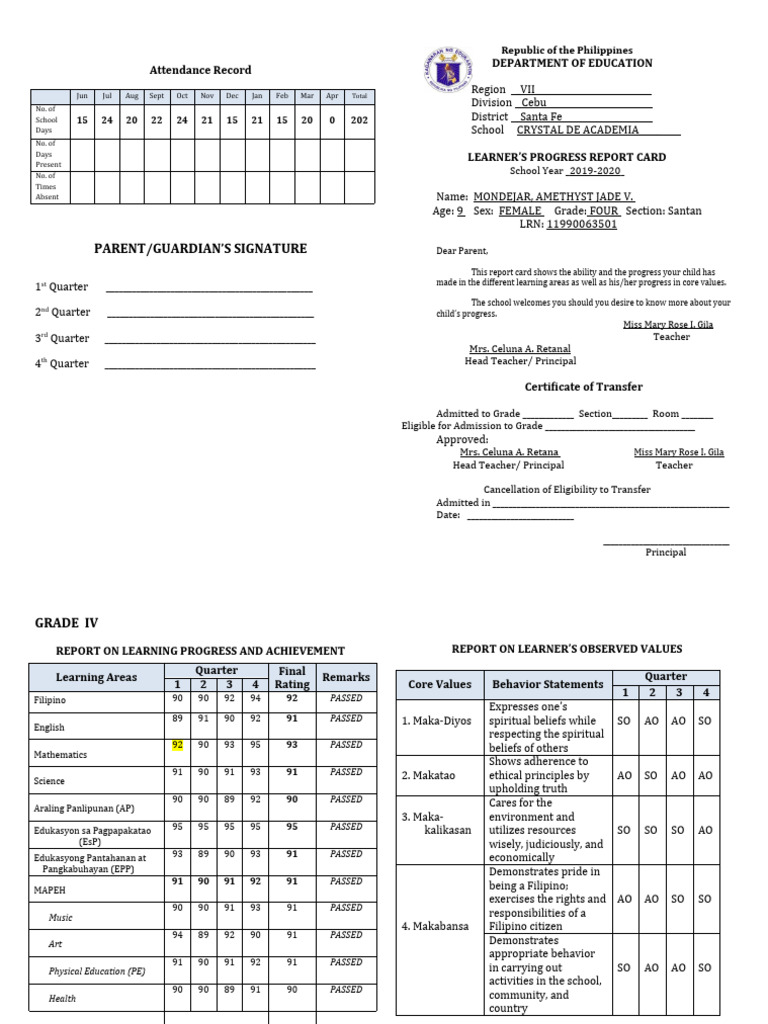 SF 9 - ES ( (Learner's Progress Report Card) | PDF SF 9 - ES ( (Learner's Progress Report Card) | PDF