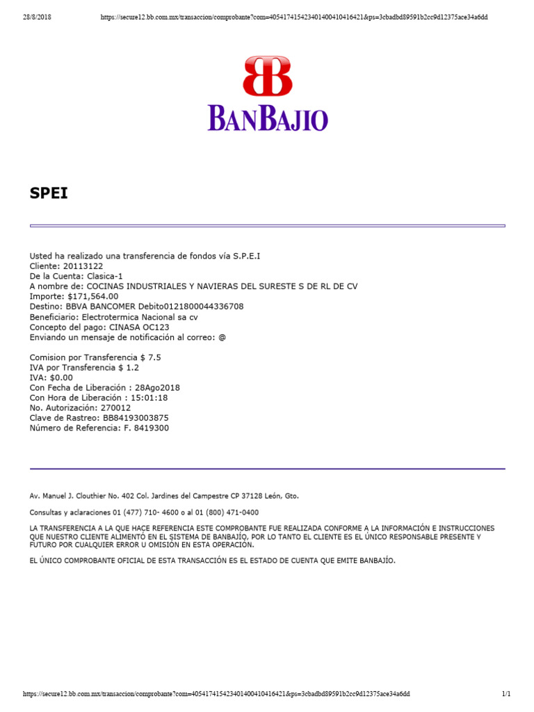 Transferencia Editable Banco Bajio | PDF