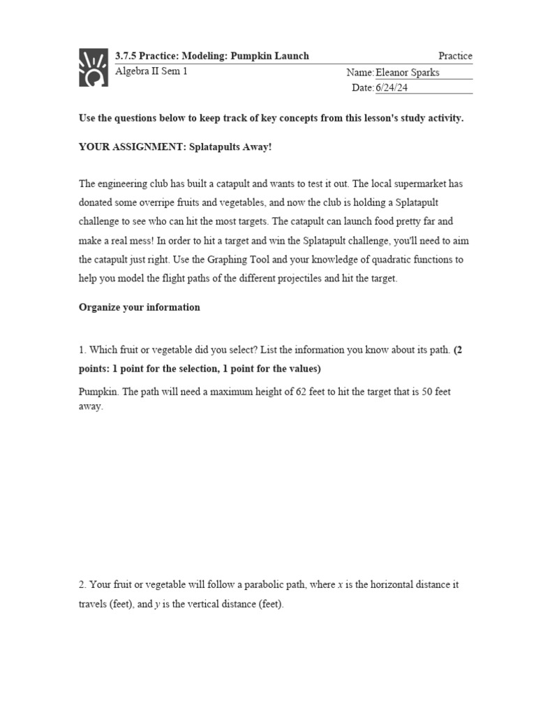 Apex Learning Algebra 2 Semester 1 3.7.5 Practice - Modeling Pumpkin ...