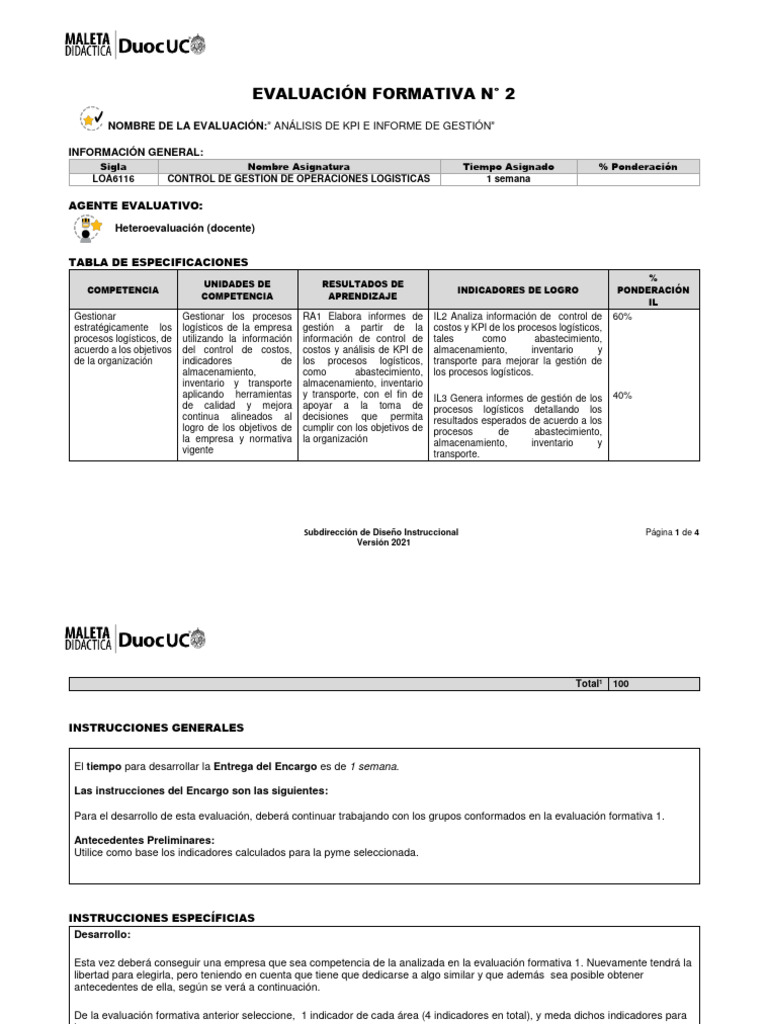 Evaluacion Formativa 2 LOA6116 Control de Gestión | PDF | Evaluación | Indicador de rendimiento