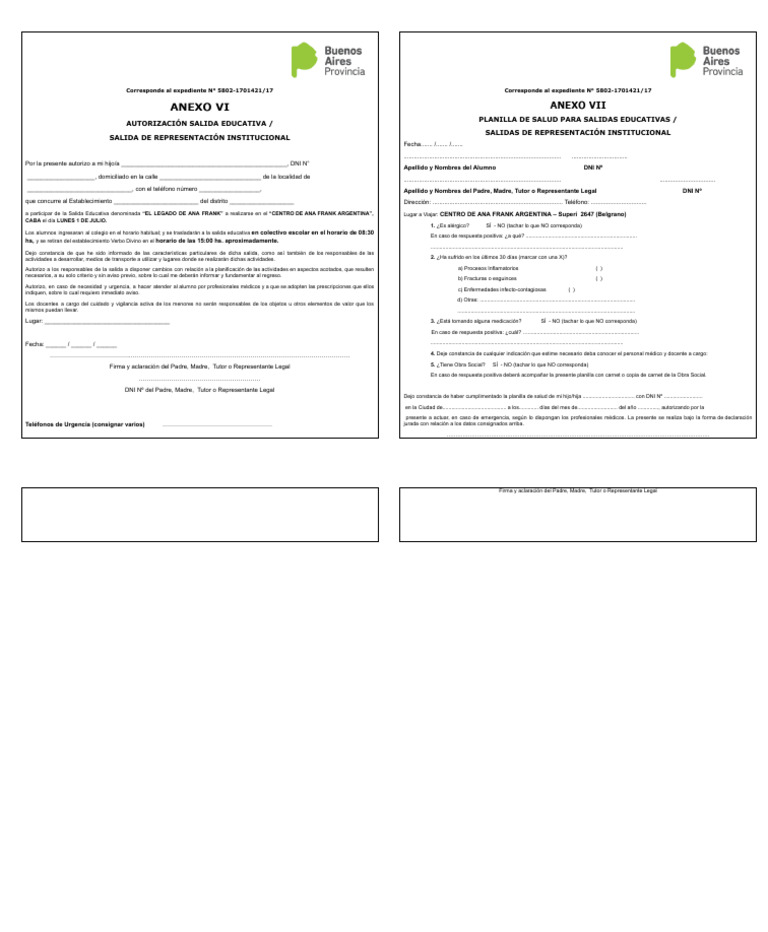 Anexo Vi y Vii Autorizaciones Salidas Educativas (Ana Frank) | PDF