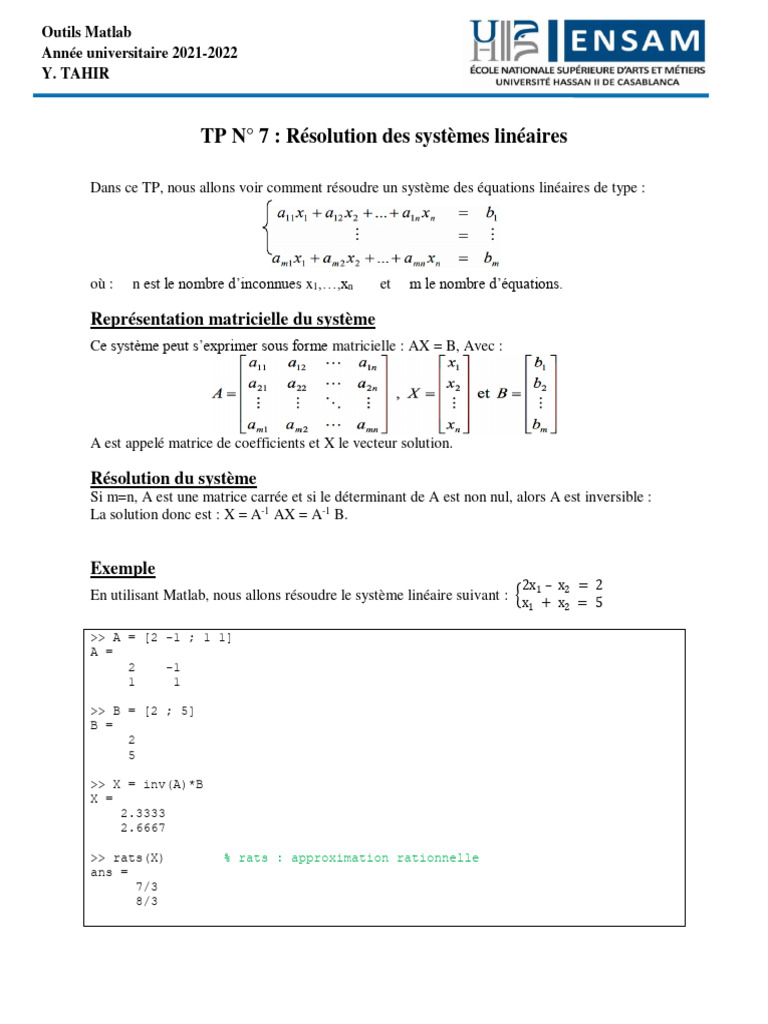Résolution de systèmes linéaires avec Matlab | PDF | Matrice ...