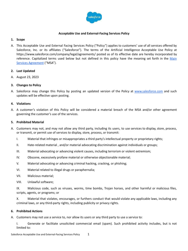 Salesforce Acceptable Use Policy | PDF | Spamming