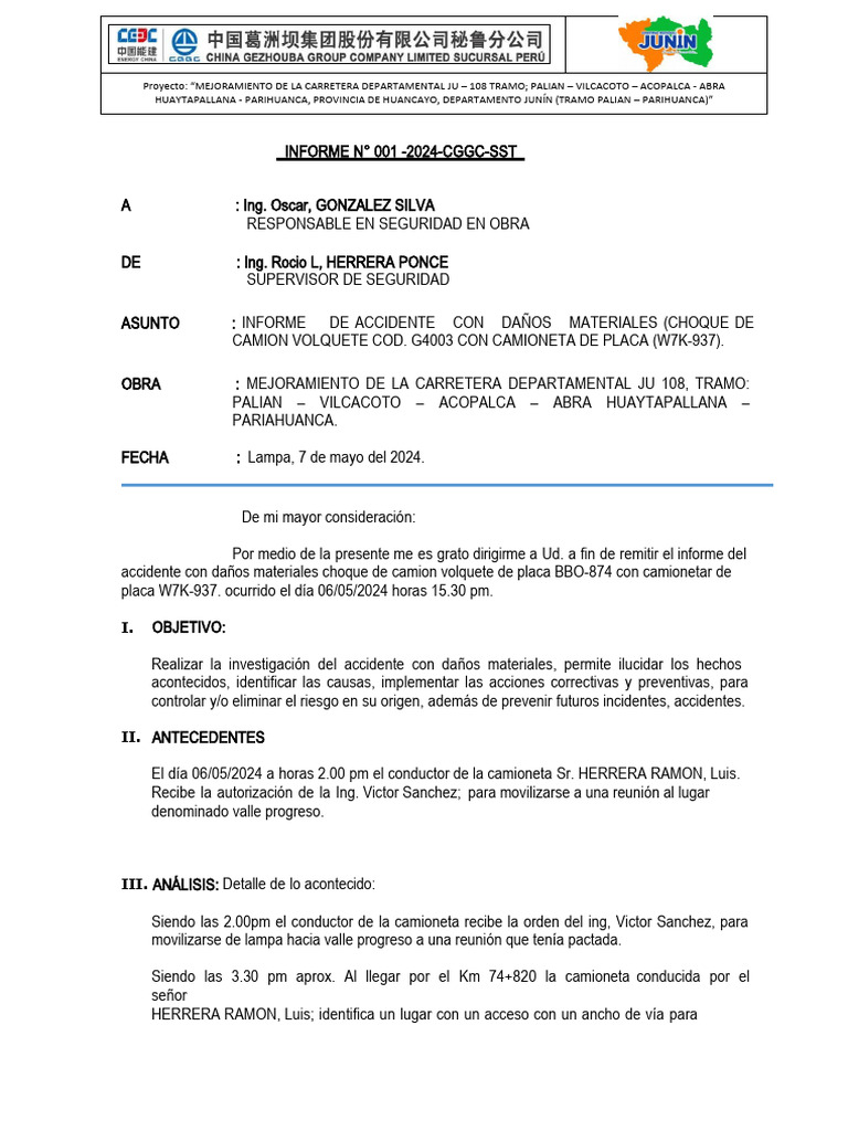 Informe Accidente Con Daños Choque de Camioneta y Volquete | PDF ...