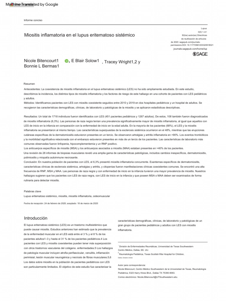 Miositis Inflamatoria en El Lupus Eritematoso Sistémico | PDF ...