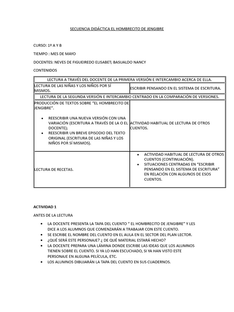 Secuencia Hombrecito de Jengibre 1 Grado | PDF | Artes del Lenguaje y ...
