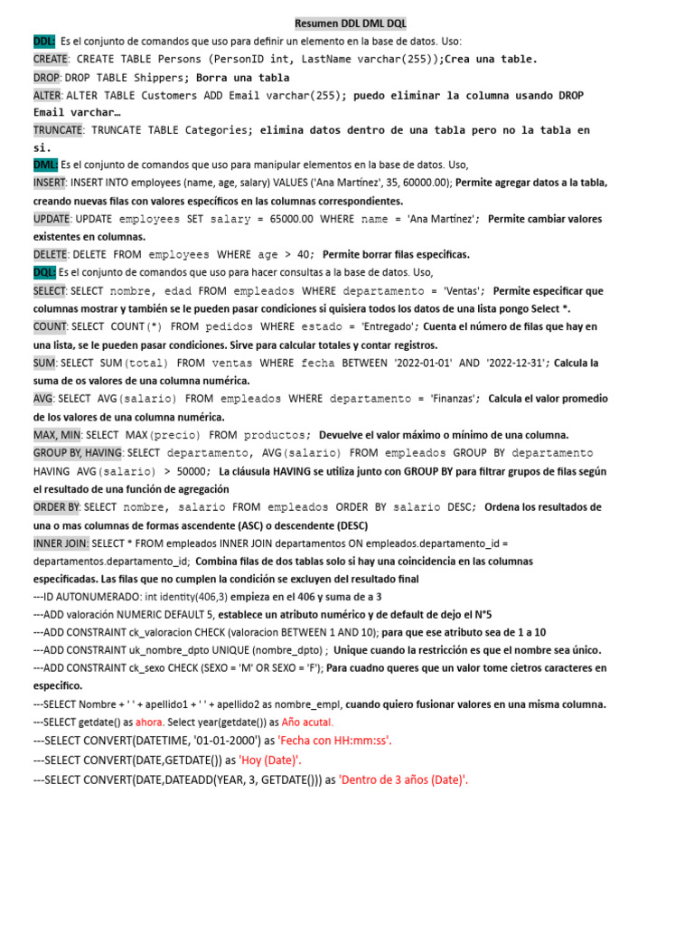 Resumen DDL DML DQL | PDF | Recuperación de información | Modelo de datos