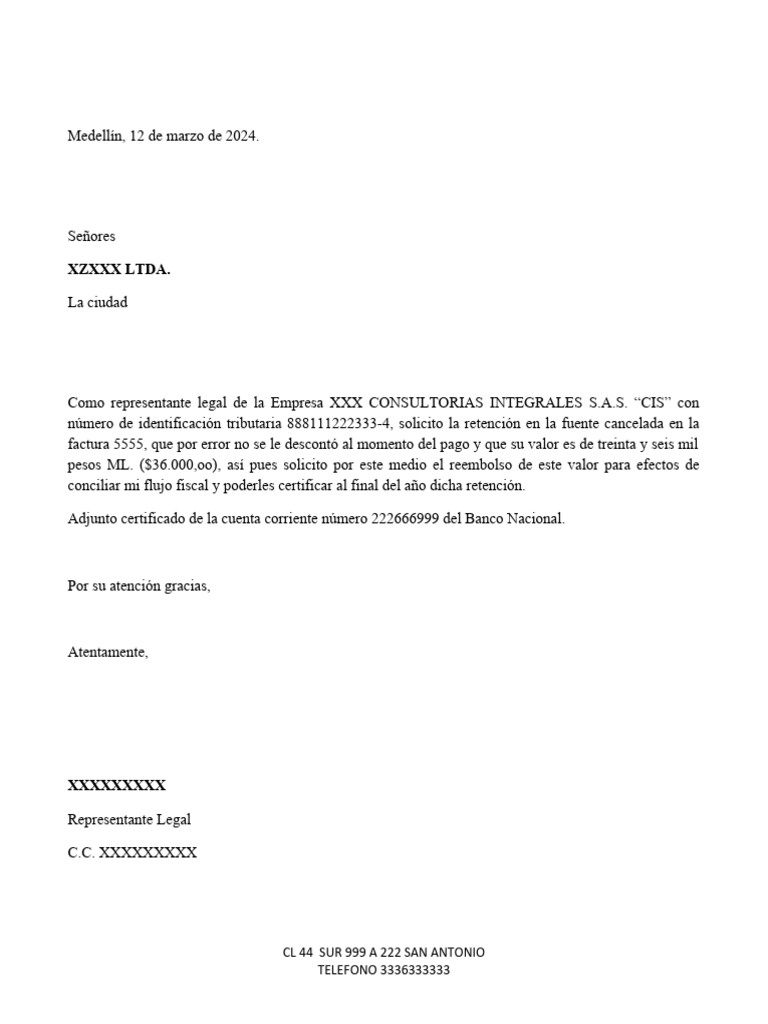 Carta Devolucion Retencion Modelo - 1 Devolucion | PDF | Finanzas y dinero | Ciencias sociales