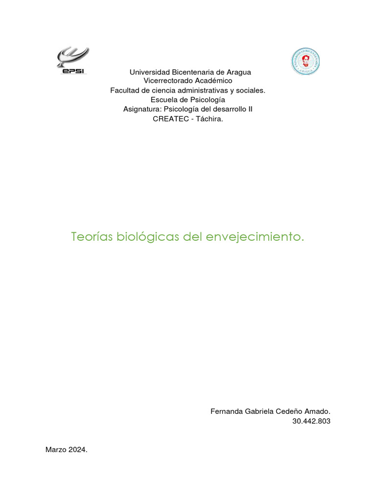 Teorías Biológicas del Envejecimiento | PDF | Envejecimiento | Biología Celular)