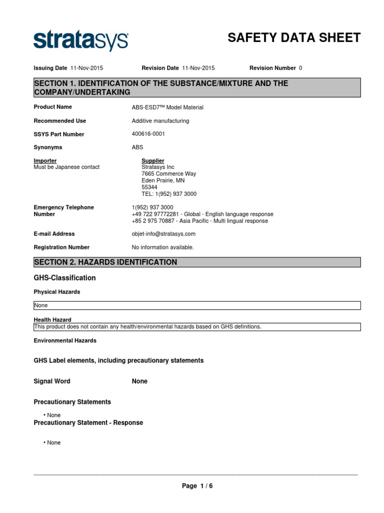 ABS-ESD7 Model Material - Stratasys - 2015 - 11 | PDF | Occupational ...