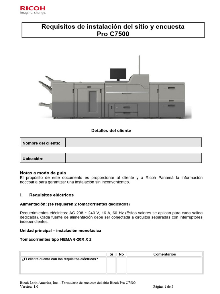 RICOH Pro C7500 Site Installation | PDF