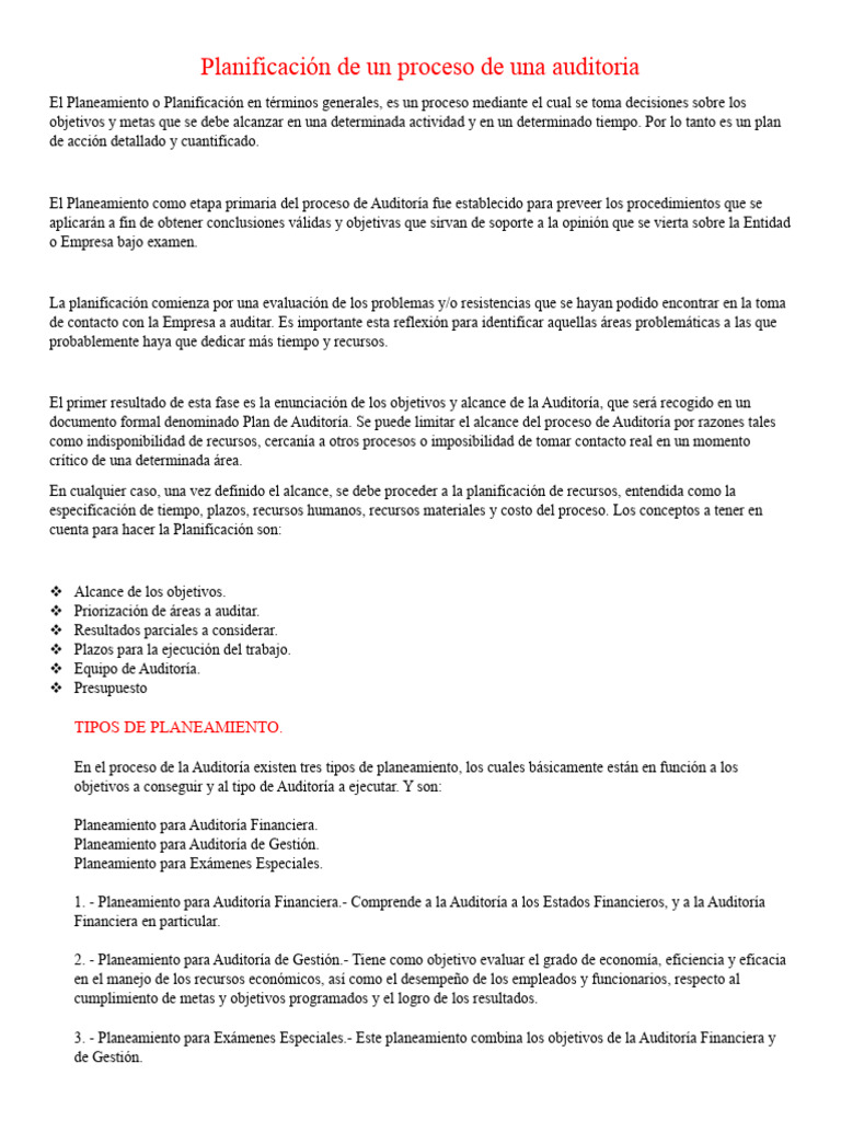 Planificación de Un Proceso de Una Auditoria | PDF | Auditoría | Planificación