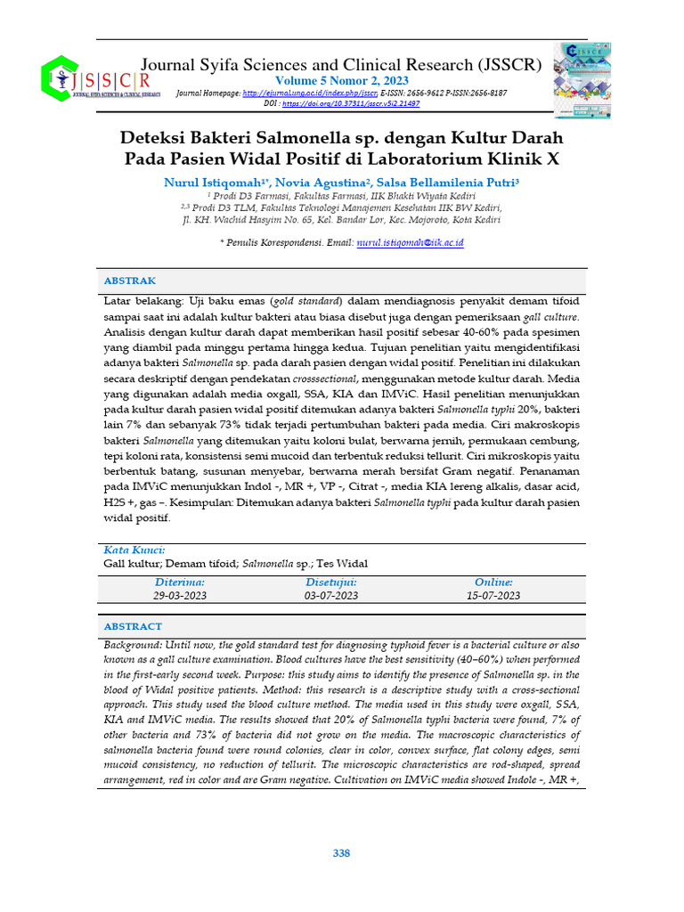 Deteksi Bakteri Salmonella Sp. Dengan Kultur DarahPada Pasien Widal ...
