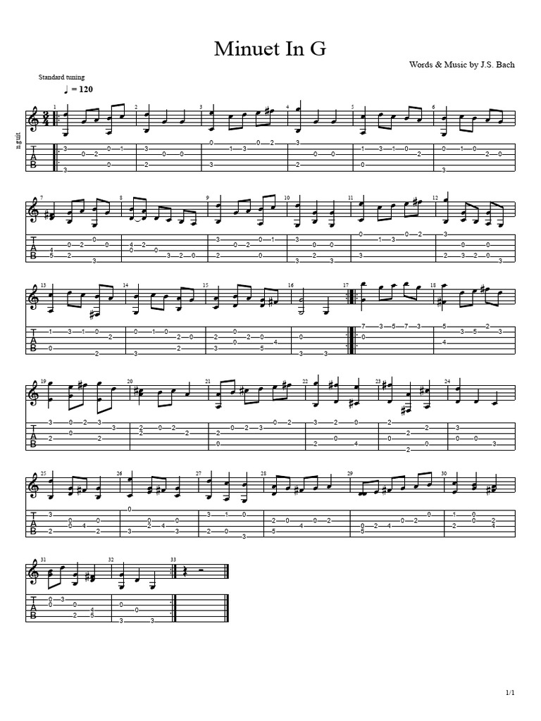 Minuet in G Guitar Tab by Bach | PDF | Church Music | Baroque Music