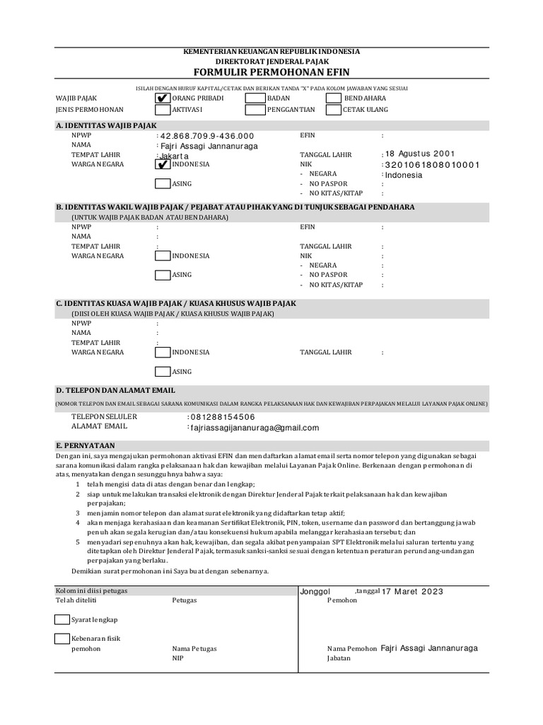 Formulir Permohonan Aktivasi EFIN | PDF