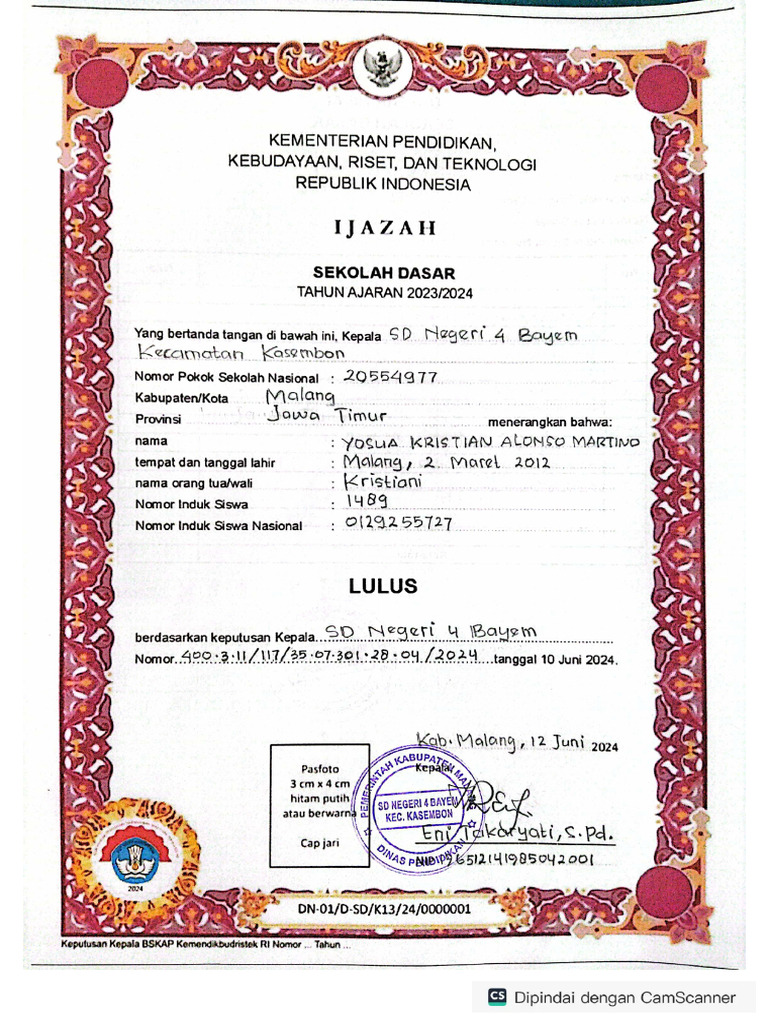 Contoh Penulisan Ijazah SD Negeri | PDF