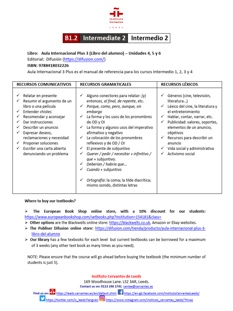 Z - Aula Internacional Plus 3 (Libro Del Alumno) Contents Covered in B1.2 - Intermediate 2 ...