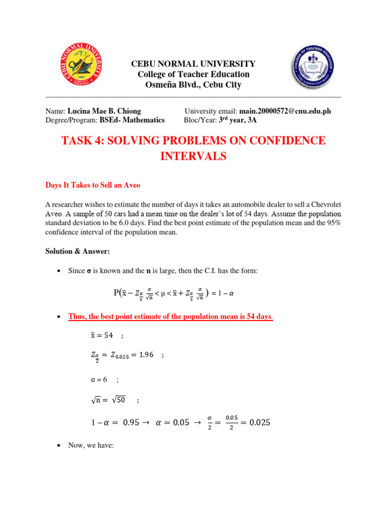 Chiong, Lucina Mae - Task 4 Learning Assessment On Confidence Interval Estimation | PDF ...