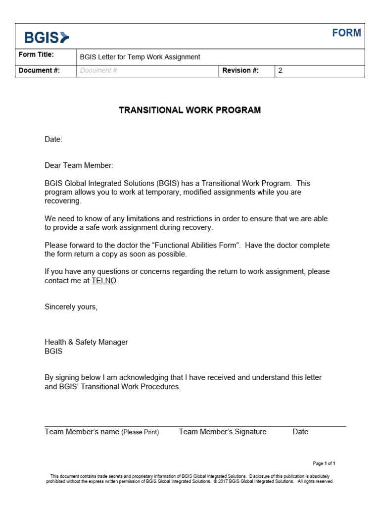 BGIS Letter For Temp Work Assignment - Return To Work Form | PDF