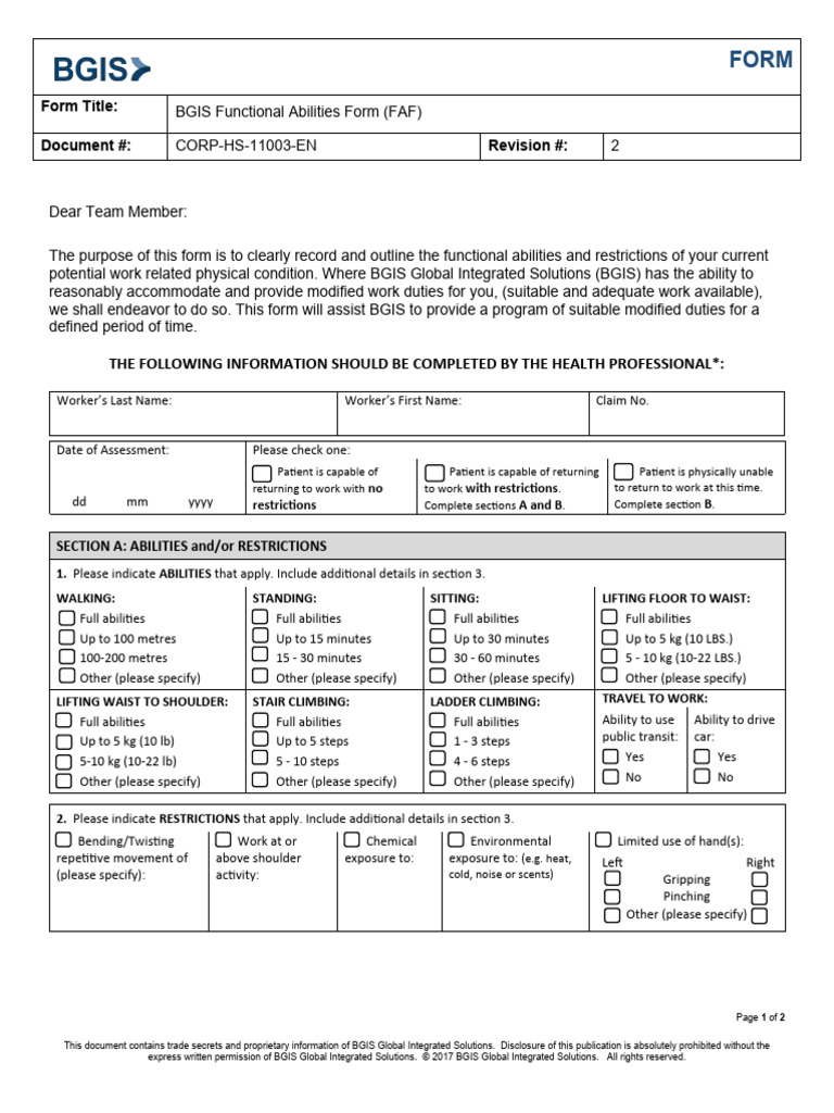 BGIS Functional Abilities Form (FAF) | PDF
