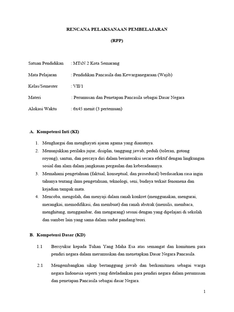 RPP PPKN SMP Kelas VII K13N BAB I | PDF