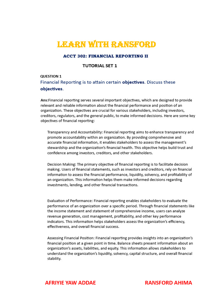 Solution FR II Tutorial Set 1 - LEARN WITH RANSFORD | PDF | Financial Statement | Stakeholder ...