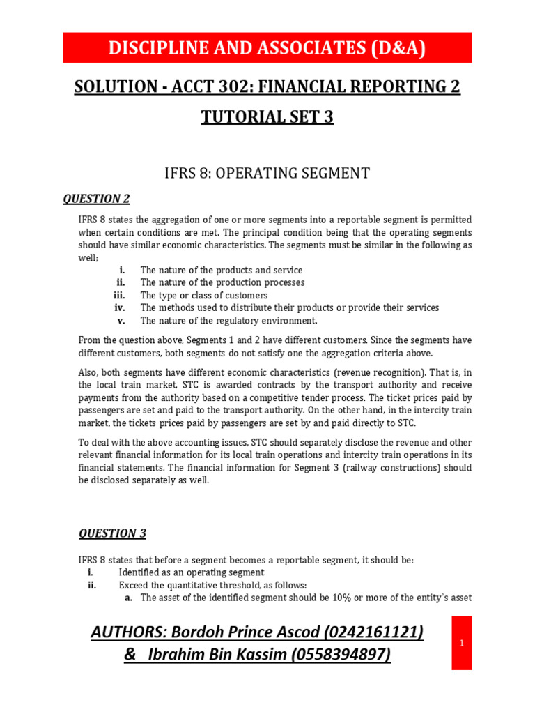 D&A Solution - ACCT 302 Tutorial Set 3 (IFRS 8 & IAS 24) | PDF | International Financial ...