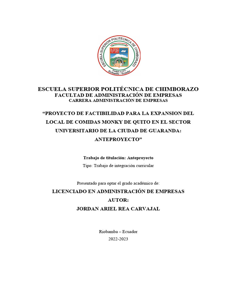 Jordan Rea - Anteproyecto | PDF | Estudio de factibilidad | Análisis