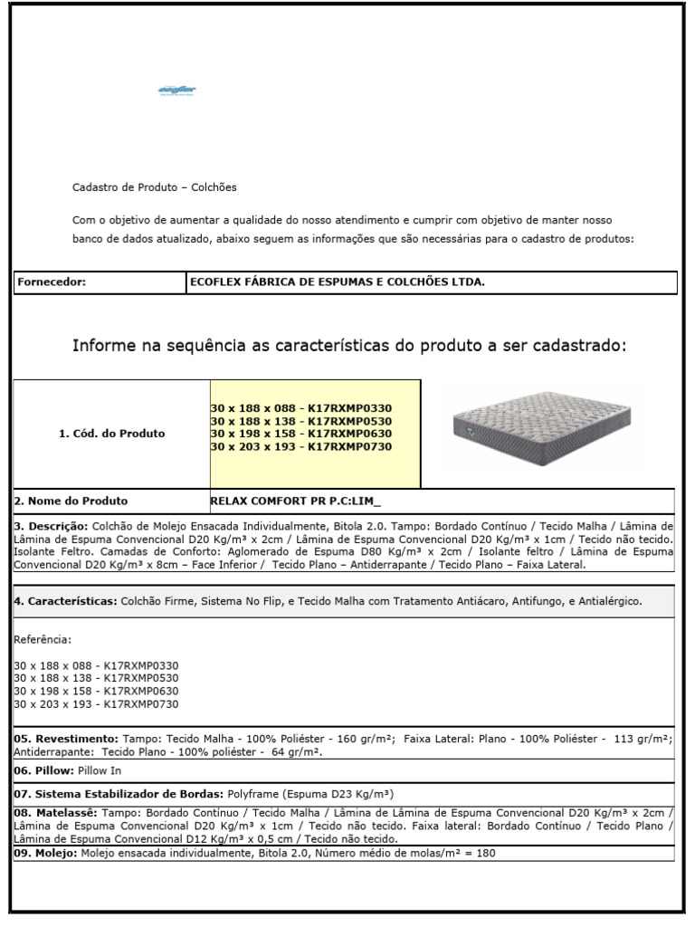 Cadastro de Colchões Relax Comfort | PDF | Colchão | Implementos domésticos
