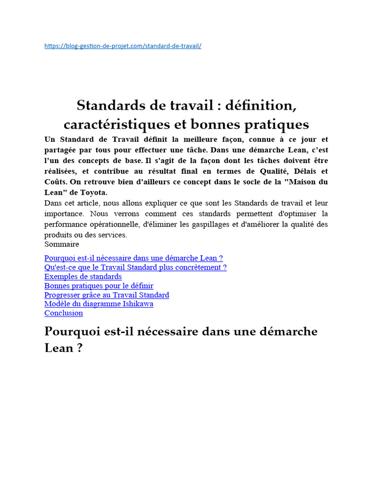 Standards de travail en Lean Management | PDF | Lean (production ...