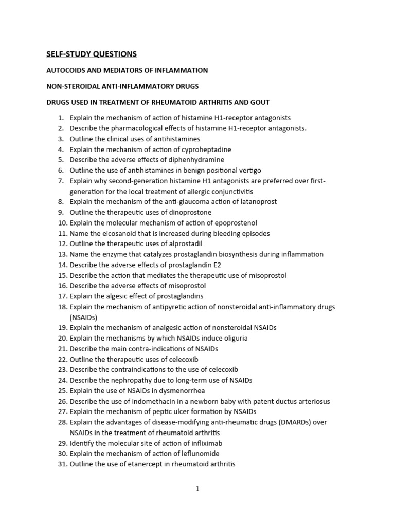 Autocoids Inflammation Nsaids Rheumatoid Arthritis Gout Self Study Questions | Download Free PDF ...