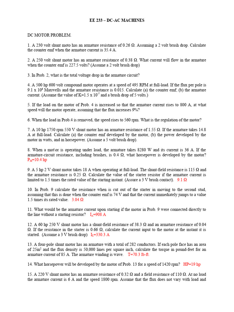 Ee 233 DC Motor Prob. For Student | PDF | Electric Motor | Volt