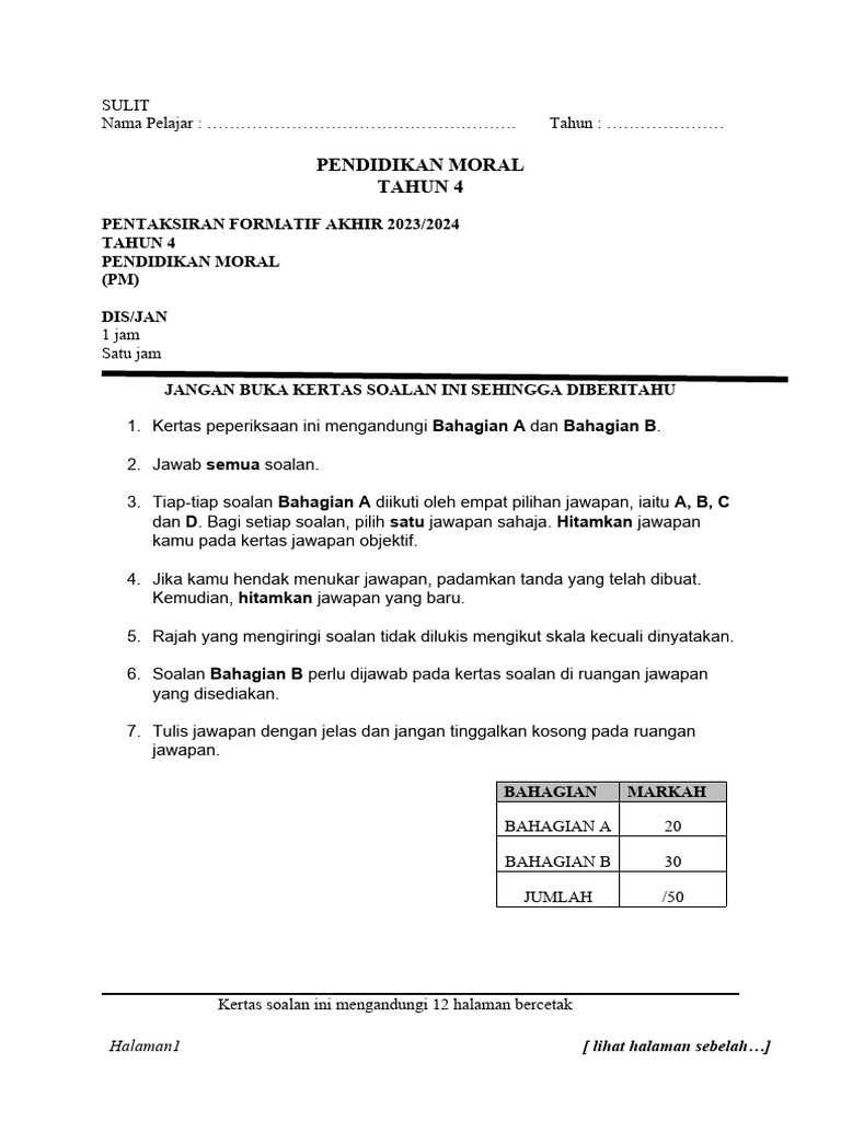 Soalan Moral Uasa 2023 | PDF