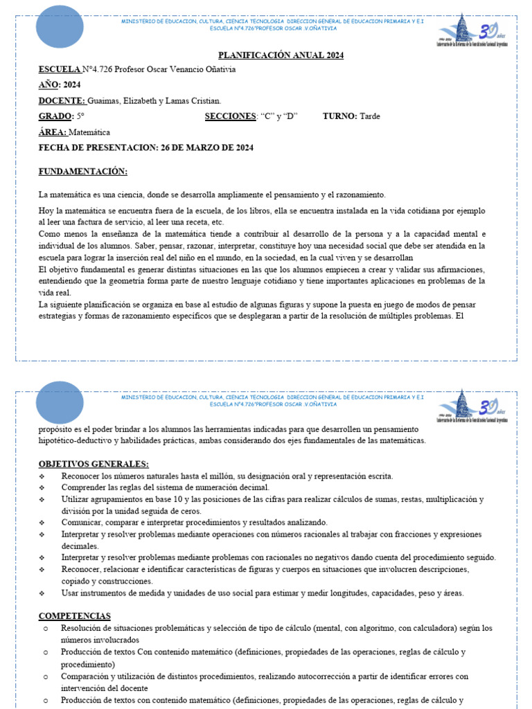 PlanificaciÓn Anual Matematica 2024 Pdf Números Triángulo 7431