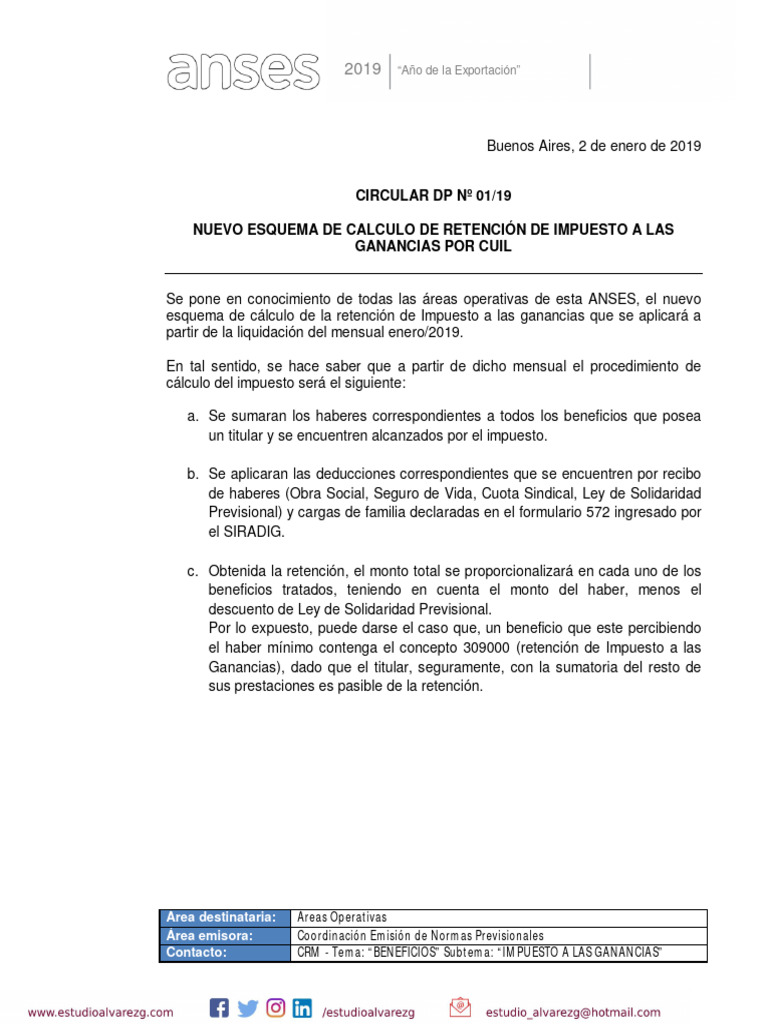 ANSES CIRCULAR DP Nº 01/19 Nuevo Esquema de Calculo de Retención de ...